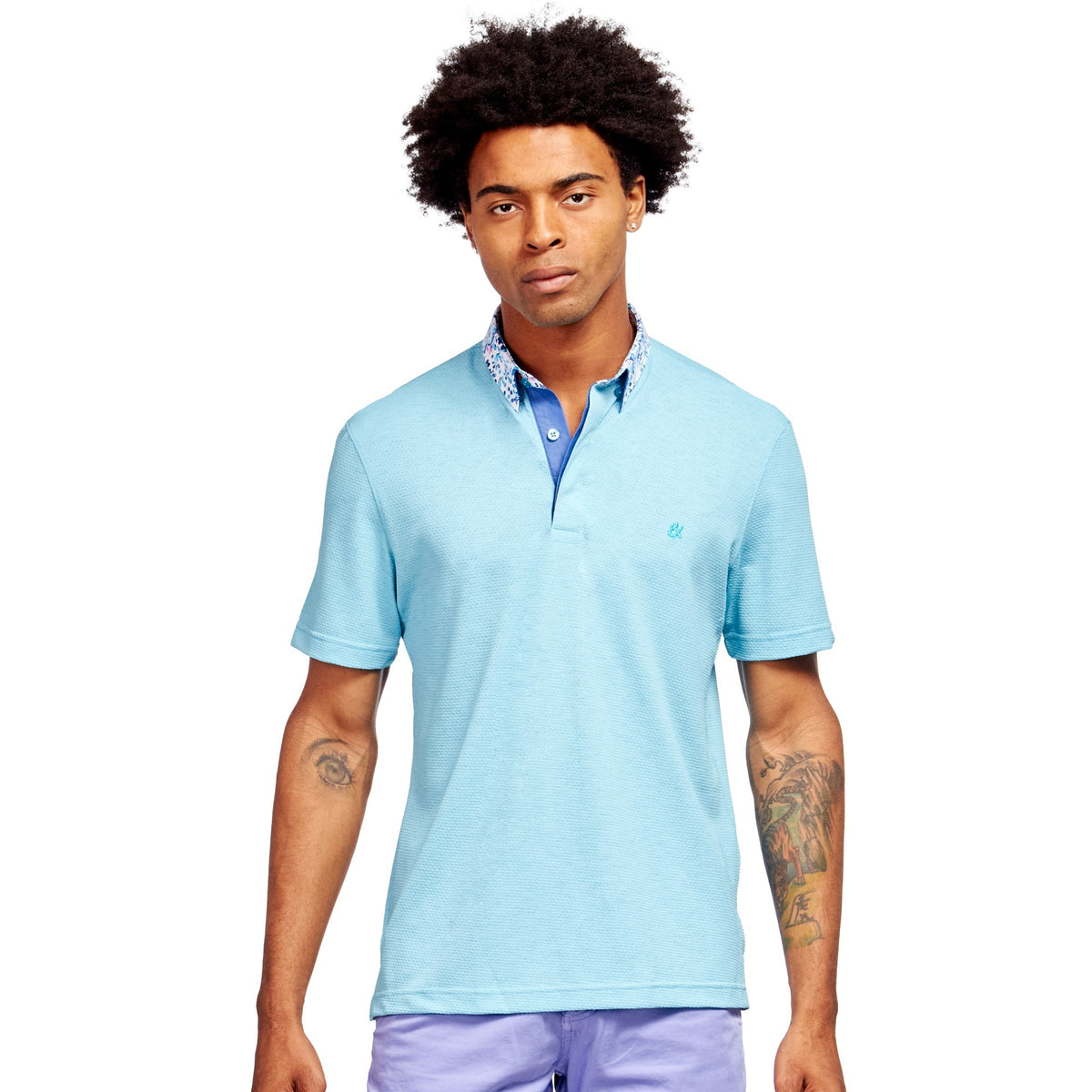 Textured Turquoise Polo Shirt With Paint Splatter Collar – Eight-X