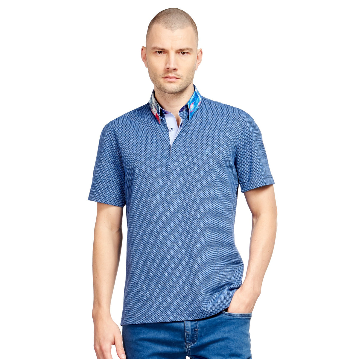 Textured Blue Polo Shirt With Abstract Collar – Eight-X