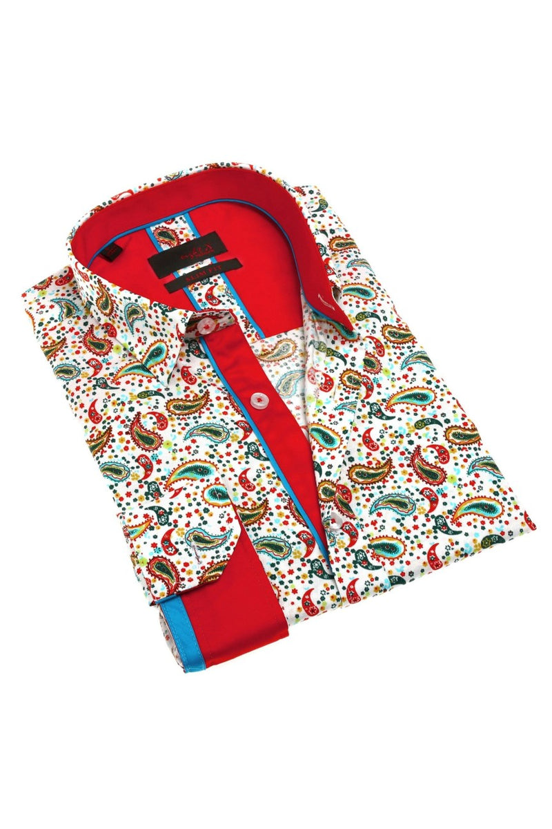 Eight-X | Designer Dress Shirts | Multi Color Paisley Shirt W/ Red Trim